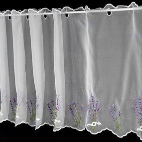 Rand voálová vitrážová záclona LAVENDA, vyšívaná fialová levandule, bílá výška 60cm (v metráži)