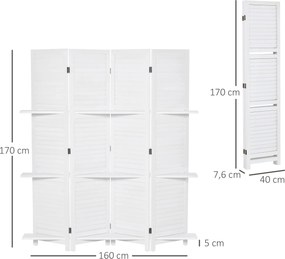 HOMCOM 4-panelový dřevěný paravan s skládacím designem a 3 odnímatelnými policemi pro ložnici a kancelář 160x170 cm Bílý