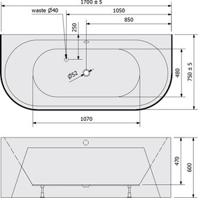 Polysan MONOLITH VIVA D asymetrická vana 170 x 75 x 60 cm bílá 89119M