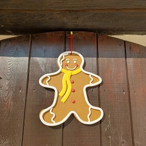 Velká vánoční ozdoba na stromek Perník panáček, 26,5 × 31 cm, žlutá šála, PVC, IP44, venkovní