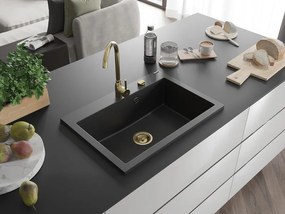 Mexen Elix, 1korový granitový dřez 700 x 500 mm, černá/stříbrná metalíza, zlatý sifon, 6526701005-73-G