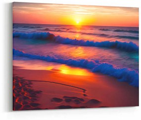 Obraz písečná pláž a vlny na moři při západu slunce