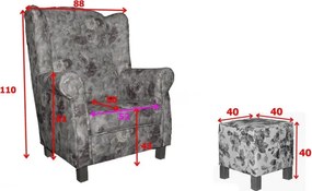 Křeslo ušák AS s taburetem - vzor Růže, vzor růže modrá / wenge (3995/102)