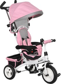 6-in-1 Kinderdreirad mit Schiebestange, Dach, Gurt, Ablagekorb, für 1-5 Jahre, Rosa