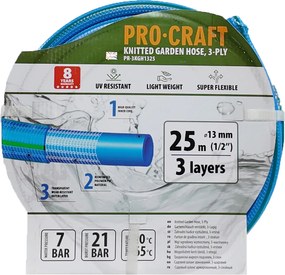 Procraft PR-3KGH1325 - modrá zahradní hadice, 3 vrstvy, 1/2", 25m