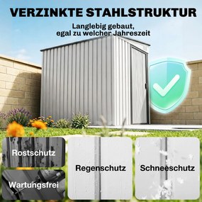 Zahradní kůlna Outsunny ze železa 1,5x2m se základem, se skládacími dveřmi, šikmou střechou, policemi, háčky a větracími otvory, bílá