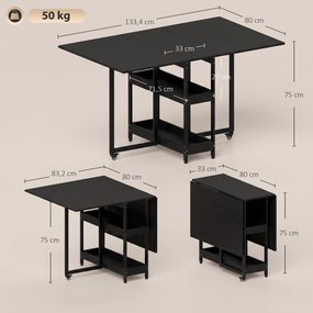 HOMCOM Skládací jídelní stůl v průmyslovém designu, pro až 4 osoby, otevřené police, flexibilní, kov, dřevotříska, černá