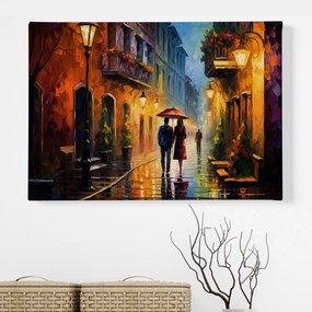 Obraz na plátně - Milenci, ulička s lampami za deště FeelHappy.cz Velikost obrazu: 60 x 40 cm