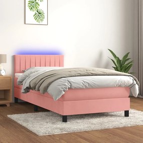 vidaXL Box spring postel s matrací a LED 100x200 cm samet [3134508] Barva: Růžová