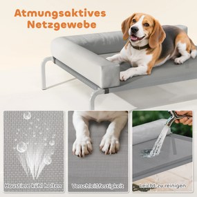 Venkovní lehátko pro psy, vyvýšený pelíšek pro středně velké psy, s polštářem ve tvaru L, 110x75x30 cm, světle šedá barva