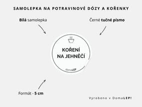 KOŘENÍ NA JEHNĚČÍ - omyvatelná samolepka na kořenky, výběr rozměrů Ø 5 cm / 5 x 5 cm / 6 x 8 cm | DomaLEP tvar: KOLEČKO, barva: BÍLÁ - ČERNÉ písmo, velikost: Ø 5 cm - tučné písmo