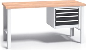 Pracovní stůl do dílny G3 se závěsným boxem na nářadí, buková spárovka, 4 zásuvky, pevné kovové nohy, 1500 mm, grafit