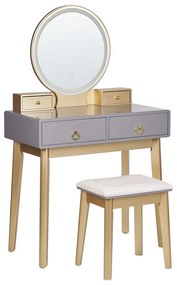 Toaletní stolek se 4 zásuvkami LED zrcadlem a stoličkou šedý/zlatý FEDRY Beliani