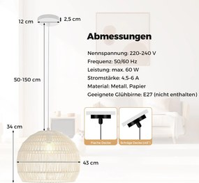 Costway Pletené závěsné svítidlo Boho stropní svítidlo s nastavitelnou výškou