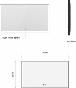 Erga Samira, LED zrcadlo 140x80cm v černém rámu, 3335 lm, 3 barvy světla, přední/zadní osvětlení, ERG-V01-SAMIRA-1480-BK