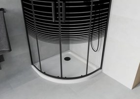 Mexen Rio, čtvrtkruhový sprchový kout s posuvnými dveřmi 80 (dveře) x 80 (dveře) x 190 cm, 5mm čiré sklo s pásky, černý profil + bílá sprchová vanička SLIM, 863-080-080-70-20-4110B