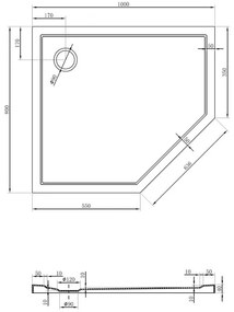 Mexen Flow, pětiúhelníková sprchová vanička slim 100 x 80 cm, levá, černá matná - 46P708010L