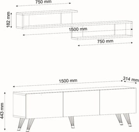 TV stolek MIYA 150 cm s nástěnnou policí, antracitový
