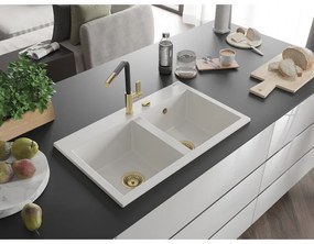 Mexen Hektor, 2-komorový granitový dřez 800x480x205 mm, bílá, zlatý sifon, 6521802000-20-G