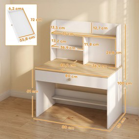 AIYAPLAY Dětský psací stůl, dětský stůl se zásuvkou, knihovnou a úložným prostorem pro děti 3-8 let, 80 x 50 x 100 cm, bílý