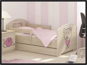 Dětská postel Oskar Medvídek 160x80 cm - Dub Sonoma - 2x krátká zábrana bez šuplíku - Růžová