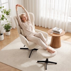 HOMCOM 360° otočné lounge křeslo s podnožkou, výškově nastavitelné, potah z chenille, s bederním polštářem, krémově bílé 83F-010V00CW