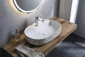 Isvea Infinity Oval keramické umyvadlo na desku 60 x 40 cm s otorem pro baterii bez přepadu terrazzo bílá 10NF65060-2L-TRZ
