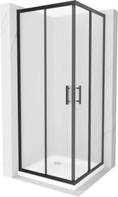 Mexen Rio, sprchový kout s posuvnými dveřmi 90x90x190 cm, 5mm sklo námraza, černý profil + bílá sprchová vanička SLIM, 860-090-090-70-30-4010B