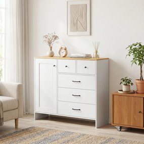 HOMCOM kuchyňský bufet, úložný nábytek s 5 zásuvkami a dvířky, rustikální styl, 100 x 40 x 94 cm, bílý