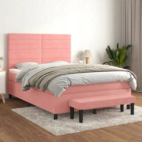 Box Spring Postel S Matrací Samet Růžová vodorovné pruhy 140 x 200 cm