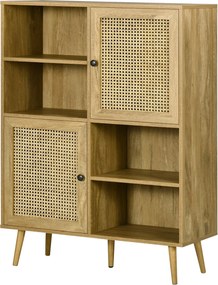 HOMCOM Buffetová skříňka s nohami z dřeva a ratanu se 2 dveřmi a 4 přihrádkami - rozměry 90L x 32,5W x 120H cm