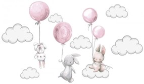 Dětská samolepka na zeď pro holčičku veselí zajíčci s růžovými balónky 80 x 76 cm