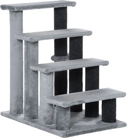 PawHut Kočičí Schody 4-krokové S Škrabadlem, Hračkou a Psy pro Kočky do 5 kg, Plyš a Jutová Šedá 60 x 40 x 64 cm | Aosom