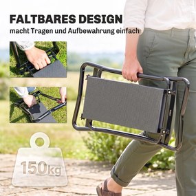Outsunny Kladívková lavice na zahradní práce, skládací zahradní stolička s polštářem na kolena, kapsami na nářadí, do 150 kg, 58 x 28 x 49 cm, šedá