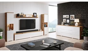 Souprava nábytku do obývacího pokoje Bamisio II, Barva: wotan / bílý lesk, Osvětlení: osvětlení LED - bílé