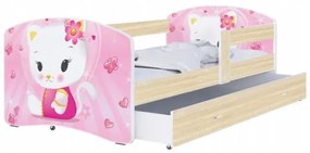 Dětská postel LUKI se šuplíkem DUB SONOMA 160x80 vzor RŮŽOVÁ KOČKA