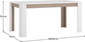 Tempo Kondela Jídelní rozkládací stůl, bílá extra vysoký lesk HG/dub sonoma tmavý truflový, 160-200x90 cm, LYNATET TYP 75