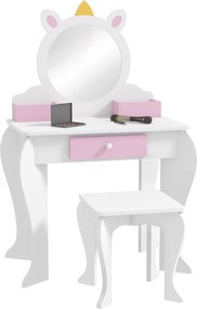 ZONEKIZ dětský toaletní stolek se stoličkou a zrcadlem, toaletní stolek pro dívky se zásuvkou a přihrádkami, design jednorožce, bílý