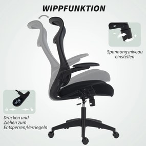 HOMCOM Ergonomická kancelářská židle se 3D opěrkami rukou, síťovaným opěradlem, S-formovaným opěradlem, opěrkou hlavy, funkcí naklápění, černá