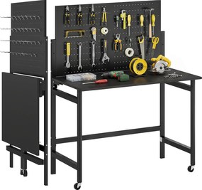 HOMCOM skládací pracovní stůl na kolečkách, 115 x 62 x 143,5 cm, pracovní deska s nástěnným panelem a 12 háčky, silná MDF, ocelový rám, nosnost 120 kg