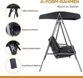 Houpačka Hollywood, 2místná zahradní houpačka s nastavitelnou střechou, max. nosnost 220 kg, 145 x 116 x 172 cm, černá barva