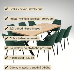 Vikio Jídelní set pro 8 osob 180x90 cm soft dub noha X zelená židle s područkami VJS228-8Z