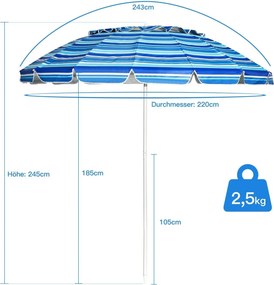 Costway 243 cm plážový slunečník hliníkový sklopný - tmavě, tmavě modrá