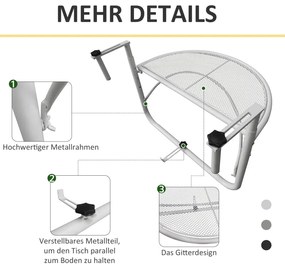 Outsunny Balkonový závěsný stolek půlkruhový, výškově nastavitelný, Ø30 cm, bílý, 60 x 45 x 50 cm 84B-295WT