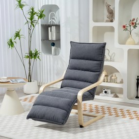 HOMCOM Tmavě šedé dřevěné relaxační křeslo s sametovým potahem, nastavitelný opěrka na nohy, moderní design pro obývací pokoj a lounge