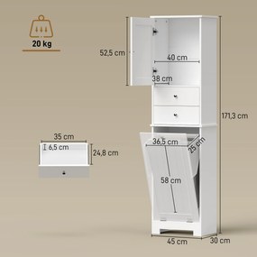 HOMCOM koupelnová skříňka s sklápěcím košem na prádlo, skříňkou a 2 zásuvkami, dřevo, 45x30x171 cm, bílá