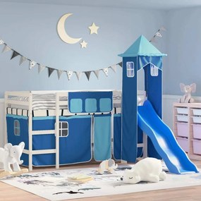 vidaXL Dětská patrová postel s věží bílá a 80 x 200 cm borovice [3207063] Barva: Bílo-modrá
