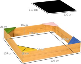 Dětský dřevěný pískoviště Outsunny čtvercové pro děti od 3 do 8 let s neprodyšnou látkou a 4 sedadly pro zahradu, terasu, 109x109x19,8 cm přírodní