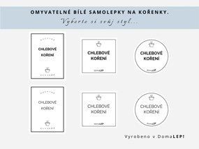 CHLEBOVÉ KOŘENÍ - omyvatelná samolepka na kořenky, výběr rozměrů Ø 5 cm / 5 x 5 cm / 6 x 8 cm | DomaLEP tvar: KOLEČKO, barva: BÍLÁ - ČERNÉ písmo, velikost: Ø 5 cm - tučné písmo