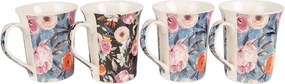 Sada 4ks modrý a černý porcelánový hrnek s květy - 12* 8*10 cm / 300 ml
